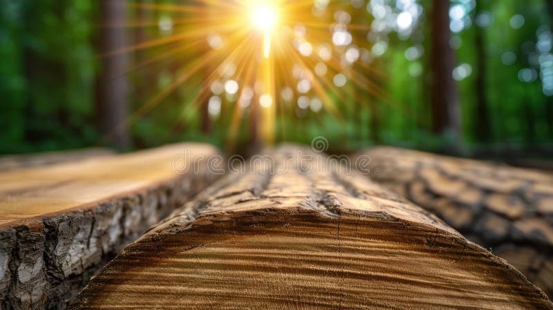 Sunlight Shining through the Trees Onto a Wooden Log Stock Illustration ...