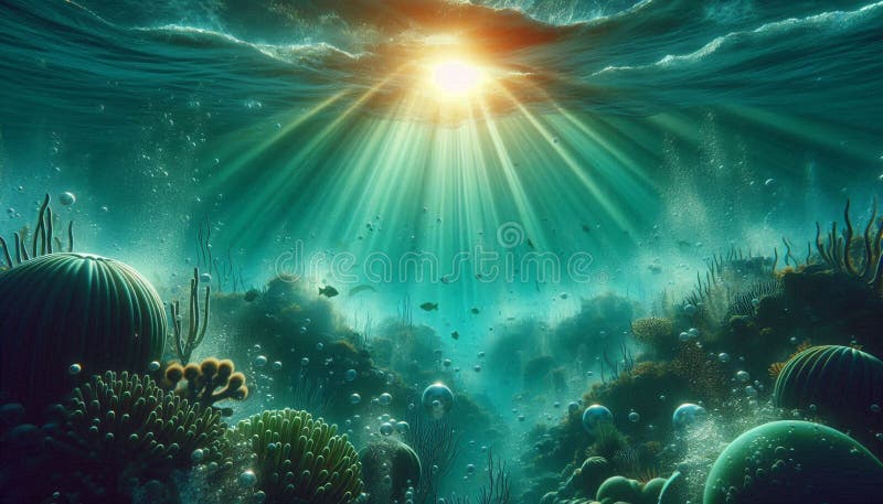Sunlight Shining Underwater in the Green Sea Stock Illustration ...