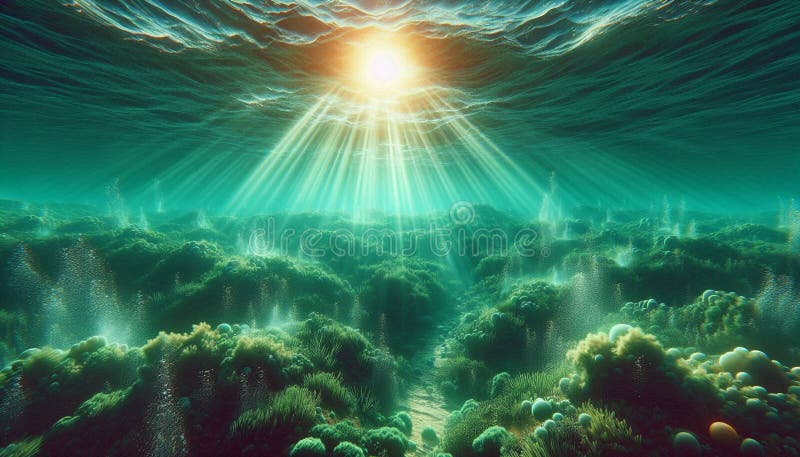 Sunlight Shining Underwater in the Green Sea Stock Illustration ...