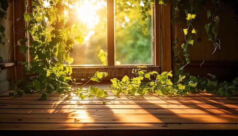 Sunlight Shining through Window with Plants on Wooden Table. Ai ...