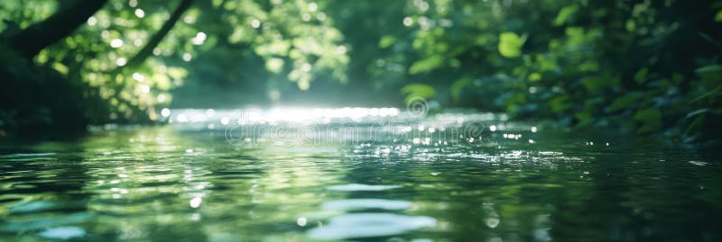 Sunlight Sparkles on Calm Forest Stream Surrounded by Lush Greenery ...