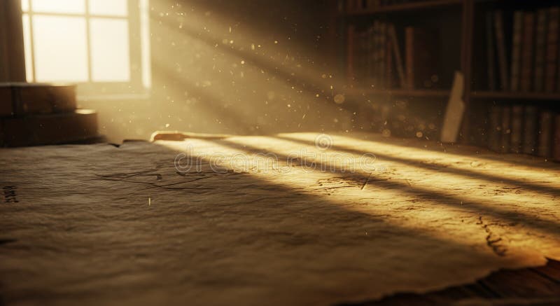 Sunlight Streaming Across Tabletop in Library with Bookcases Stock ...