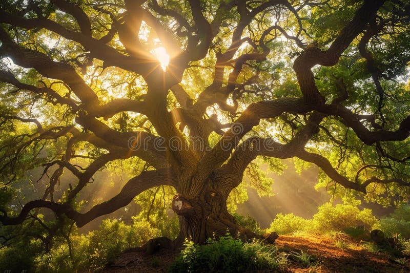 Sunlight Streaming through Ancient Oak Tree Stock Illustration ...