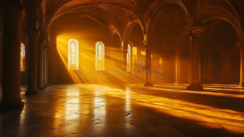 Sunlight Streaming through Arched Windows in Historic Church Interior ...