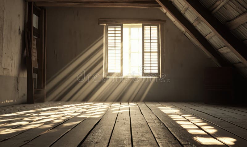 Sunlight Streaming through Attic Window, Creating Shadows on Wooden ...