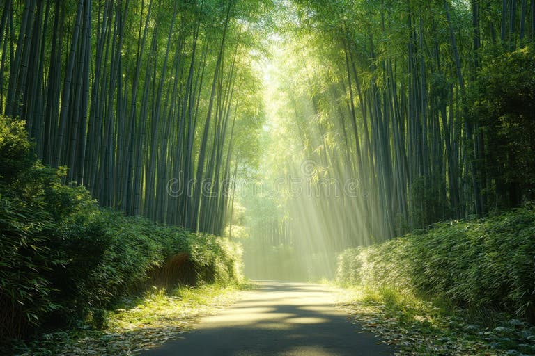 Sunlight Streaming through Bamboo Forest Creates a Serene Pathway in ...