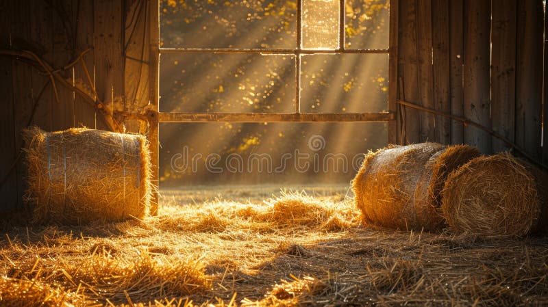 Sunlight Streaming through a Barn with Hay Bales Inside Stock ...