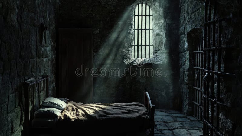 Sunlight Streaming through Bars Illuminates Dark Stone Prison Cell with ...