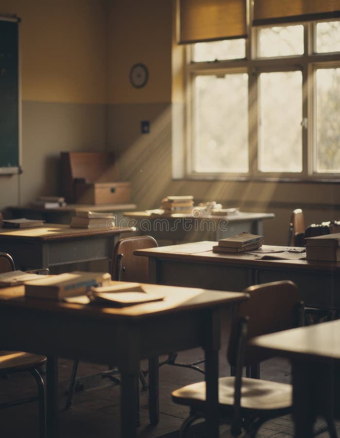 Sunlight Streaming through a Classroom Window, Illuminating Empty Desks ...