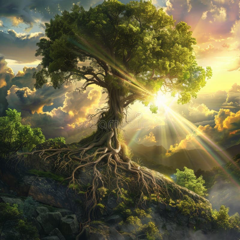 Sunlight Streaming through Clouds Onto Tree Stock Illustration ...