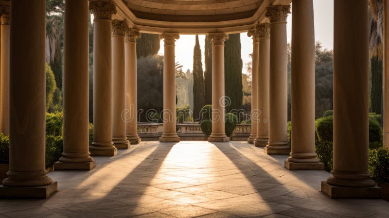 Sunlight Streaming through Columns in a Peaceful Classical Garden ...