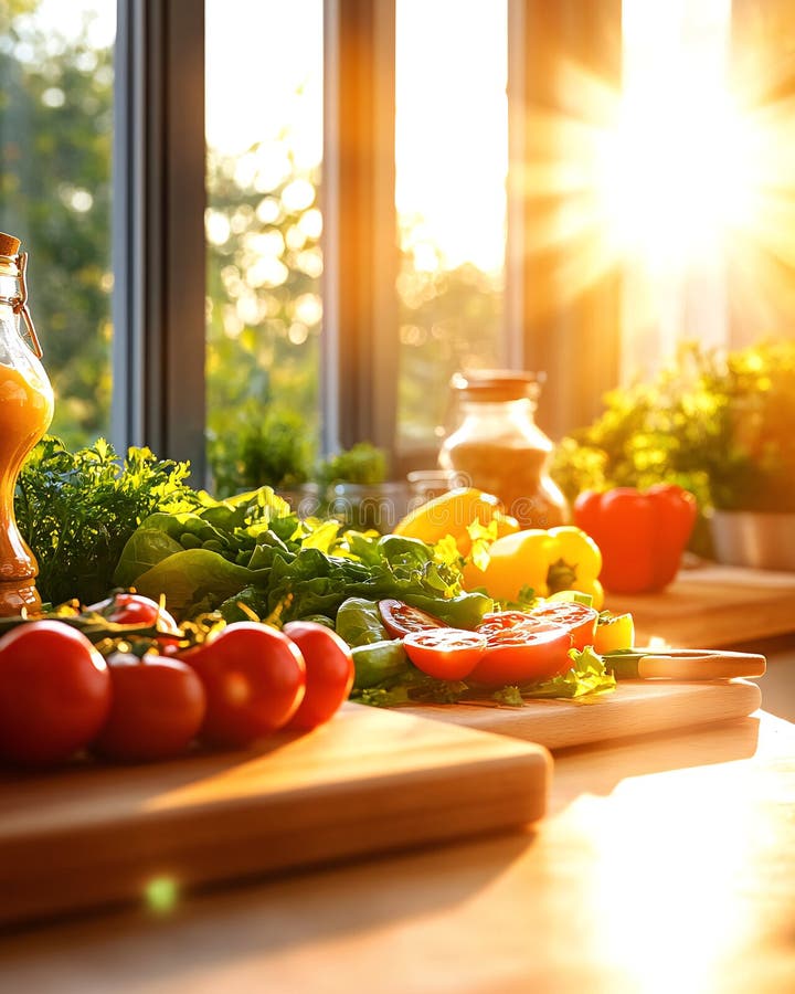 Sunlit Kitchen Counter with Fresh Vegetables and Rustic Morning Charm ...