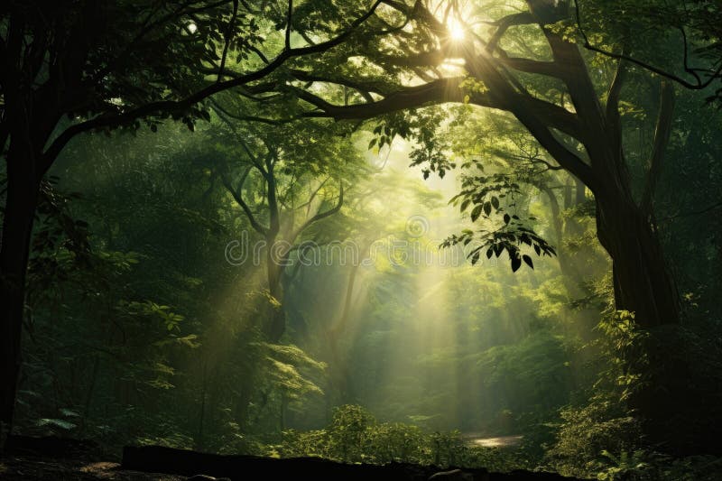 Sunlight Streaming through Dense Canopy of Trees Stock Photo - Image of ...
