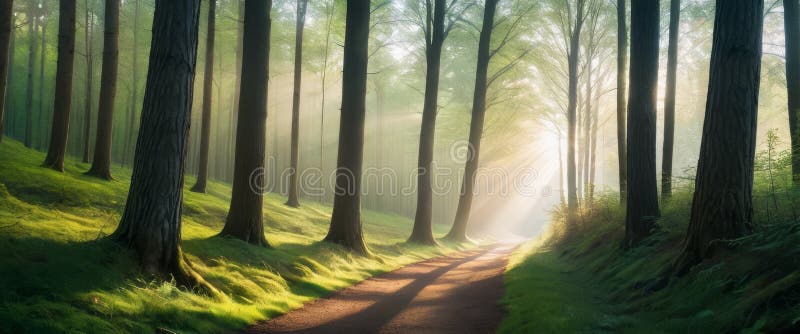 Misty Forest Path at Sunrise Stock Photo - Image of wilderness, trail ...