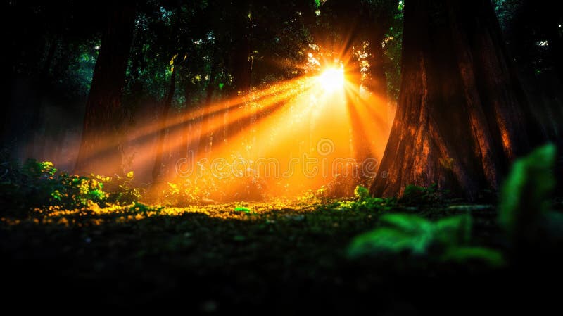 Sunlight Streaming through Enchanted Forest with Lush Greenery and Tall ...