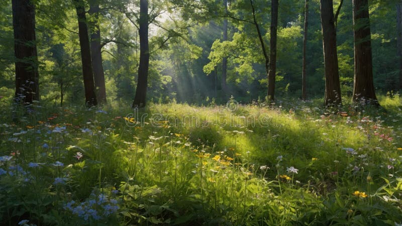 Sunlit Forest Meadow with Wildflowers Stock Illustration - Illustration ...