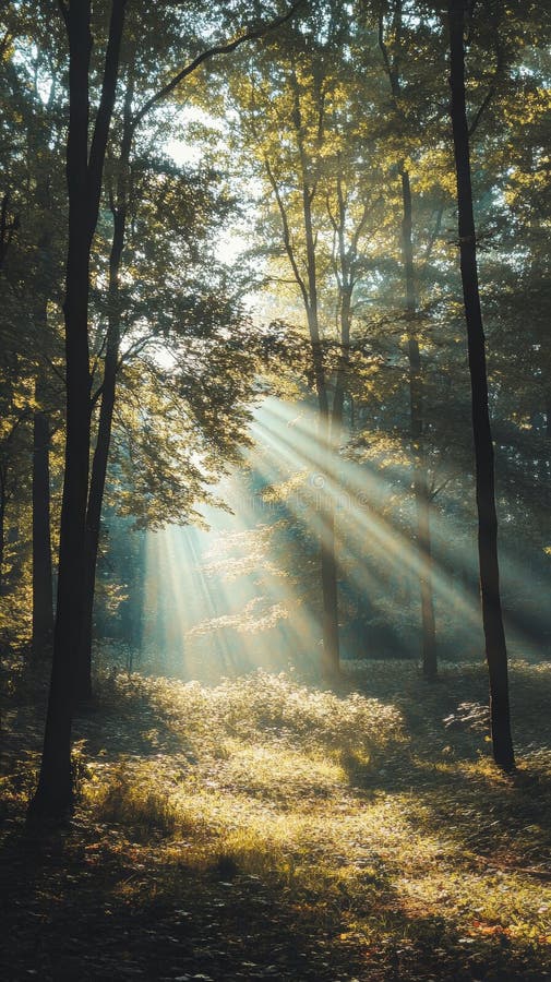 Sunlight Streaming through Forest Trees Stock Illustration ...