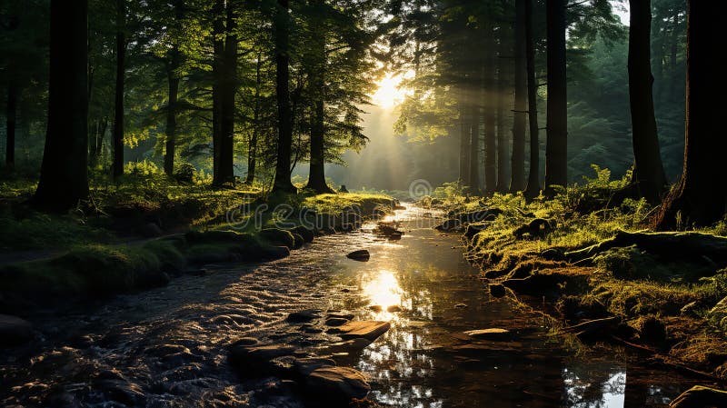 Sunlight through trees stock illustration. Illustration of reflection ...