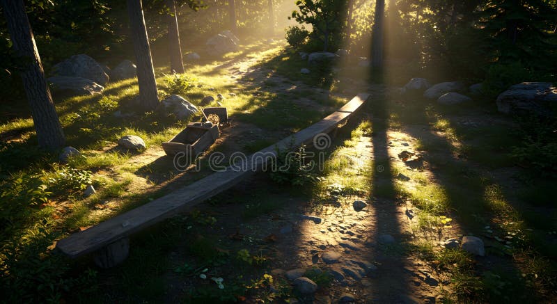 Sunlight Streaming through Forest with Wooden Structure Stock ...