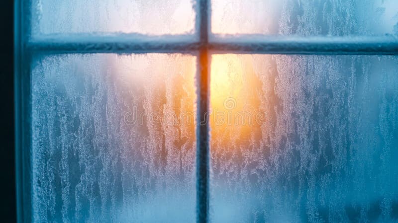 Frozen Window Showing Icy Patterns with Sunrise in the Background Stock ...