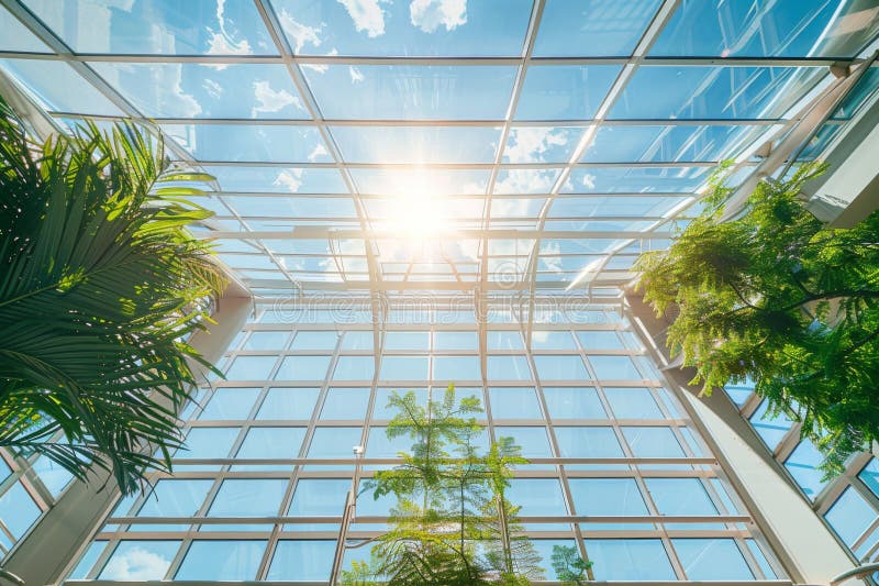 Sunlight Streaming through a Glass Atrium, Highlighting Lush Greenery ...
