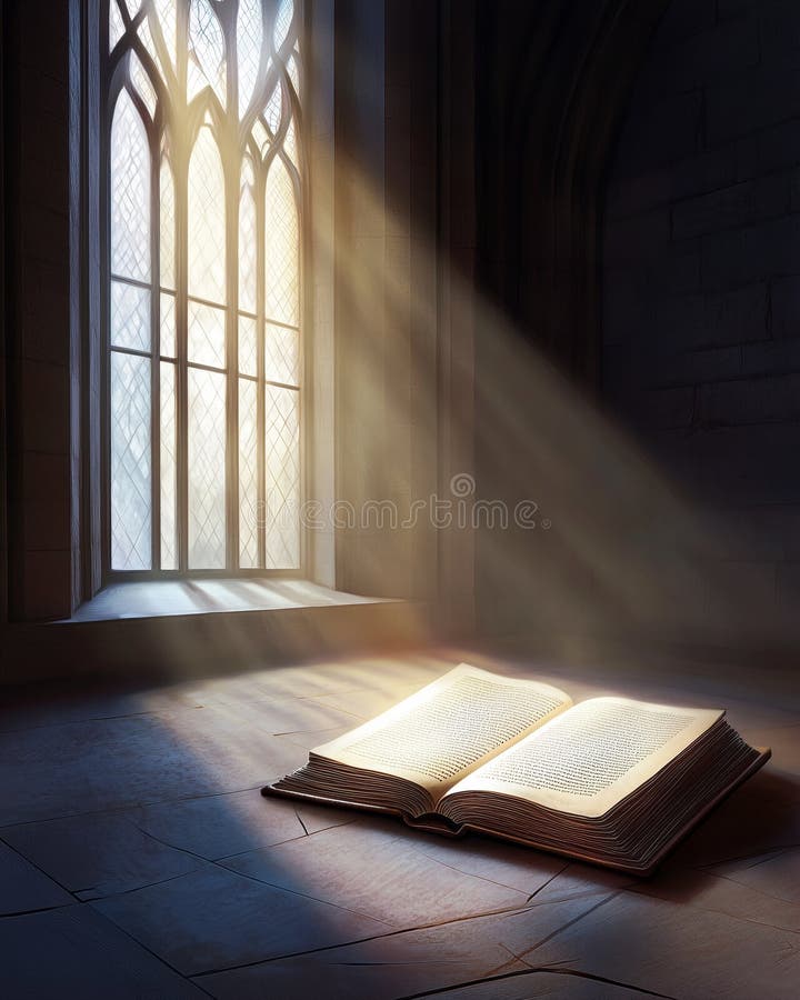 Sunlight Streaming through a Gothic Window Onto an Open Book Stock ...