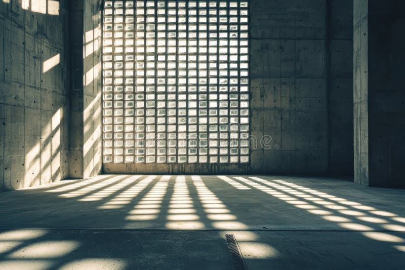 Sunlight Streaming through Grid Wall in Industrial Concrete Interior ...