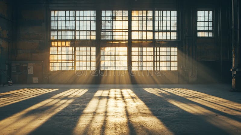 Sunlight Streaming through a Large, Grid-style Industrial Window Stock ...