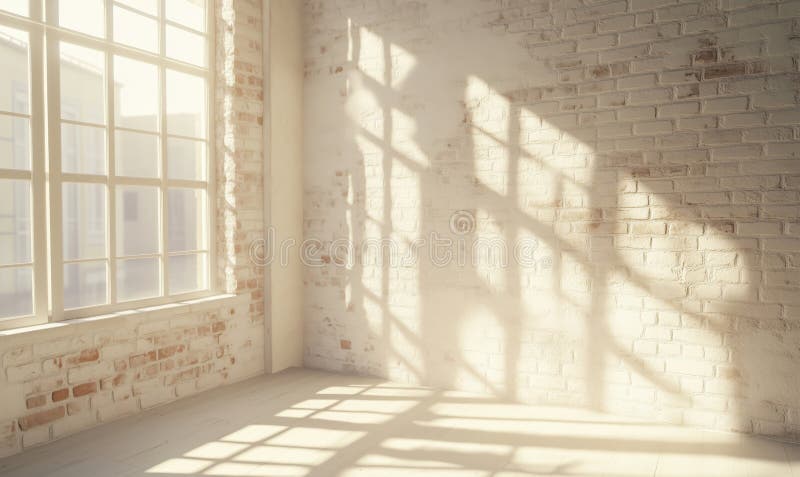 Sunlight Streaming through Large Windows Casting Shadows on White Brick ...