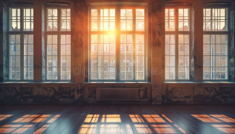 Sunlight Streaming through Large Windows in an Empty Room at Sunset ...