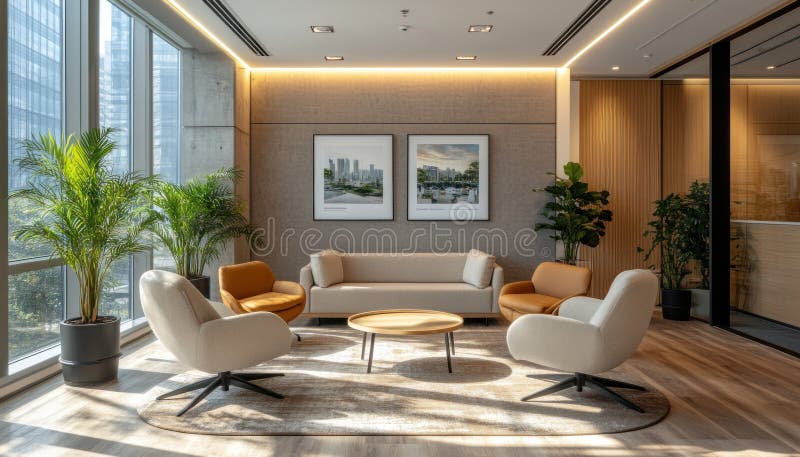 Modern Office Lobby Interior Design with Comfortable Seating and Large ...