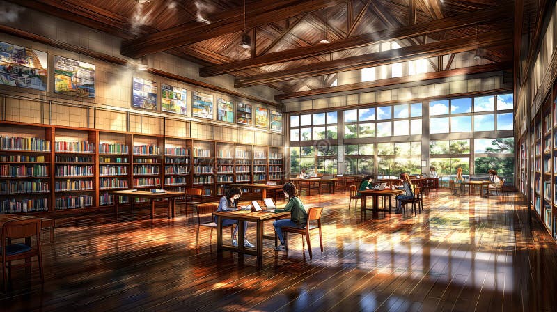 Students Studying in a Peaceful Library with Large Windows Stock ...