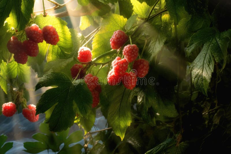 Sunlight Streaming through Leaves Onto a Cluster of Ripe Raspberries ...