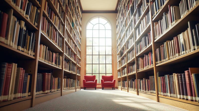 Sunlight Streaming through Library Window Illuminating Bookshelves and ...