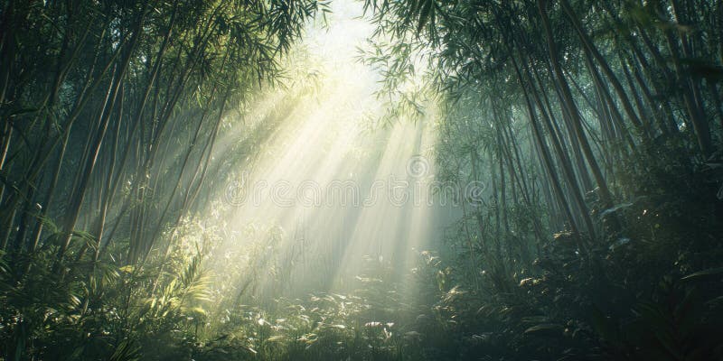 Sunlight Streaming through a Lush Green Forest Stock Illustration ...