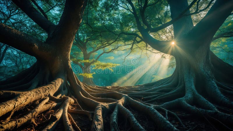 Majestic Ancient Tree Roots with Sunbeams Stock Illustration ...