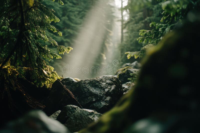 Sunlight Streaming Lush Green Forest Foliage Mossy Rocks Stock Photos ...