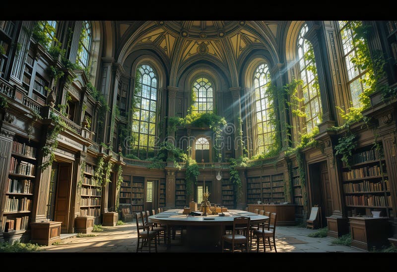 Sunlight Streaming into an Old Library Filled with Books and Greenery ...