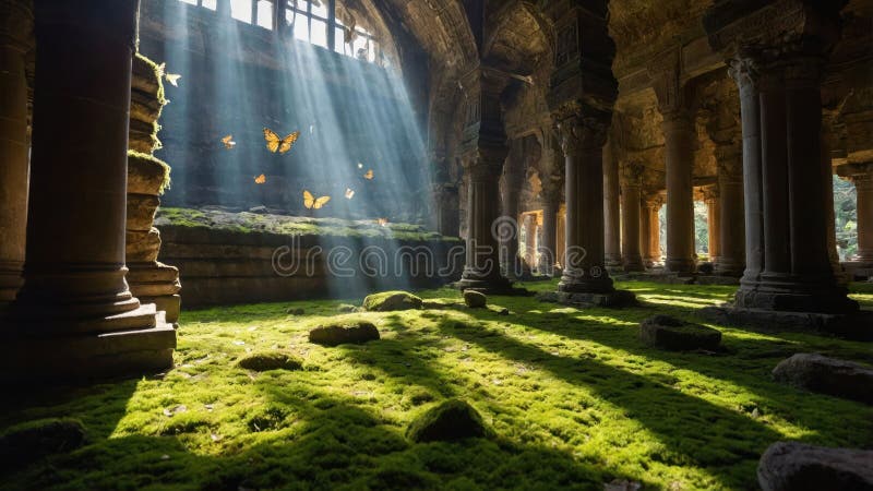 Sunlit Ruins: Mystical Butterflies in Mossy Ancient Hall Stock ...