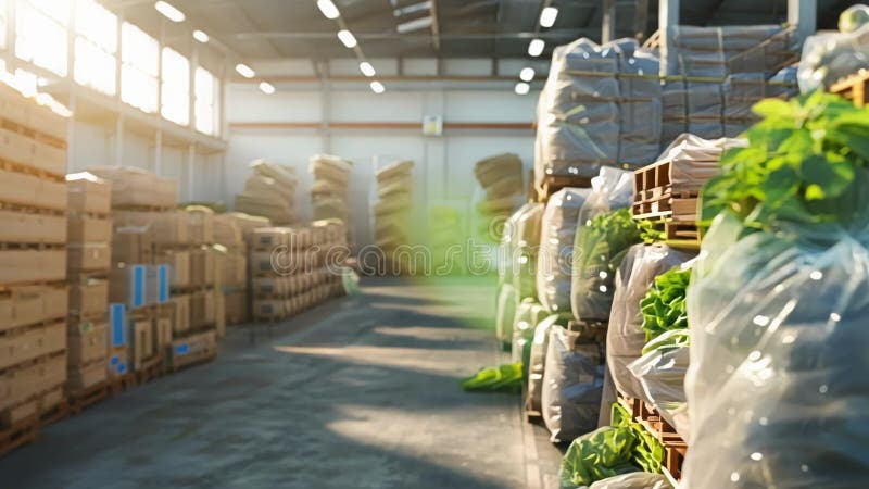 Camera Moving Along Fresh Produce in Bags in Warehouse Stock Footage ...