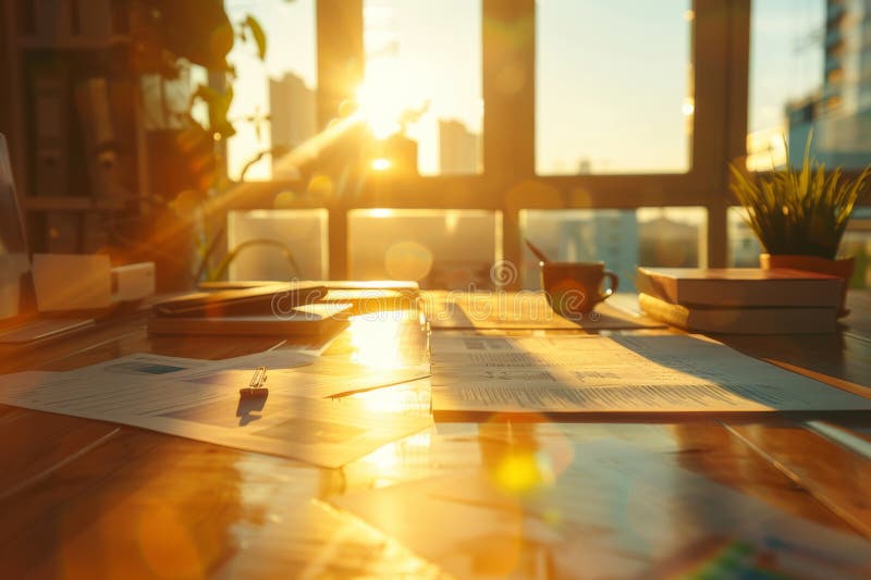 Sunlight Streaming Over a Desk with Documents in an Office ...