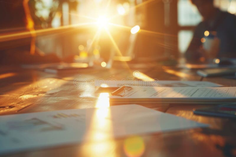 Sunlight Streaming Over a Desk with Documents in an Office ...