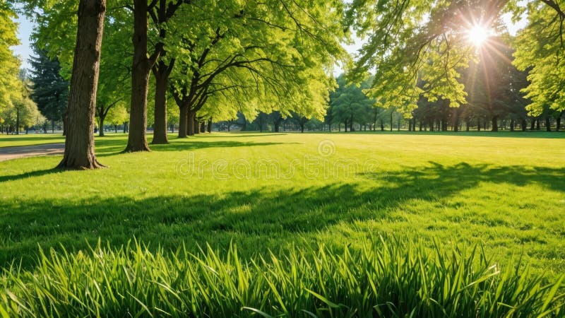 Sunlight Streaming Trees Casting Shadows Vibrant Green Park Stock ...