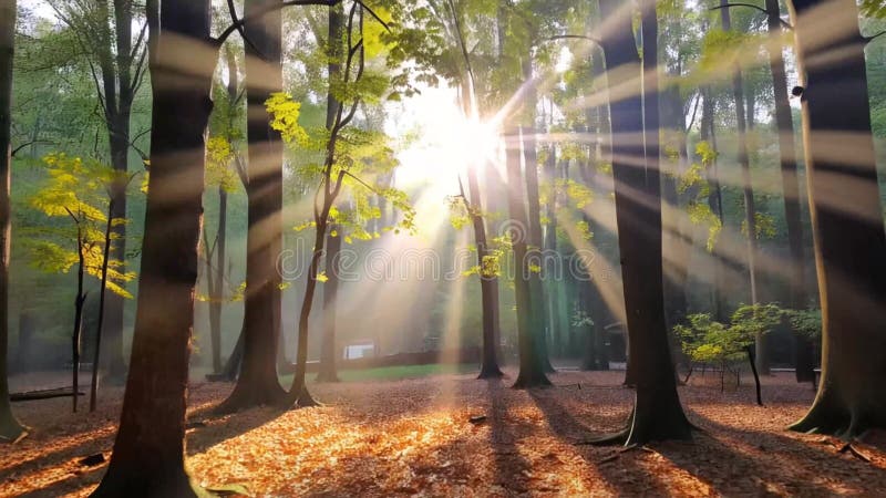 Sunlight Streaming through Trees in Forest Landscape Stock Video ...