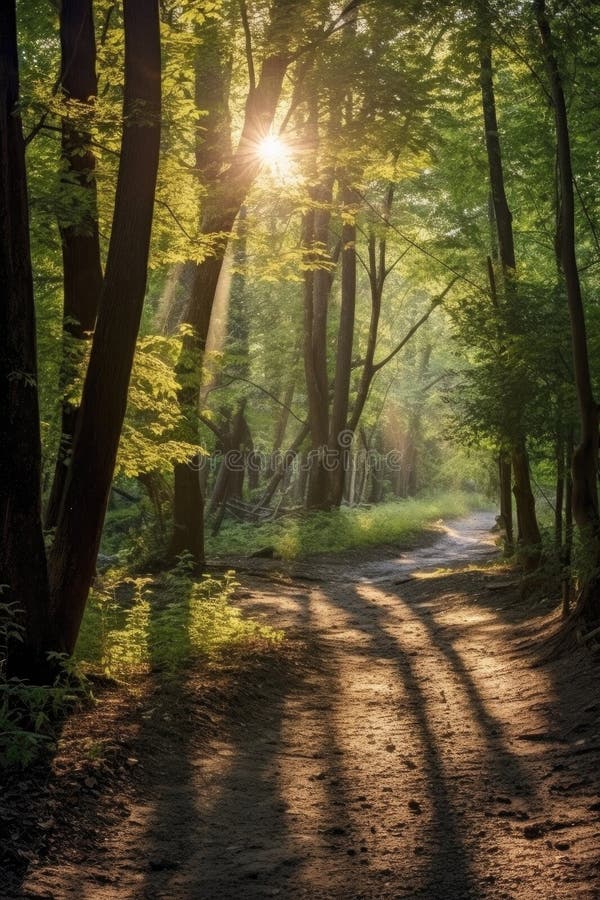 Sunlight Streaming through Trees on a Forest Path Stock Illustration ...