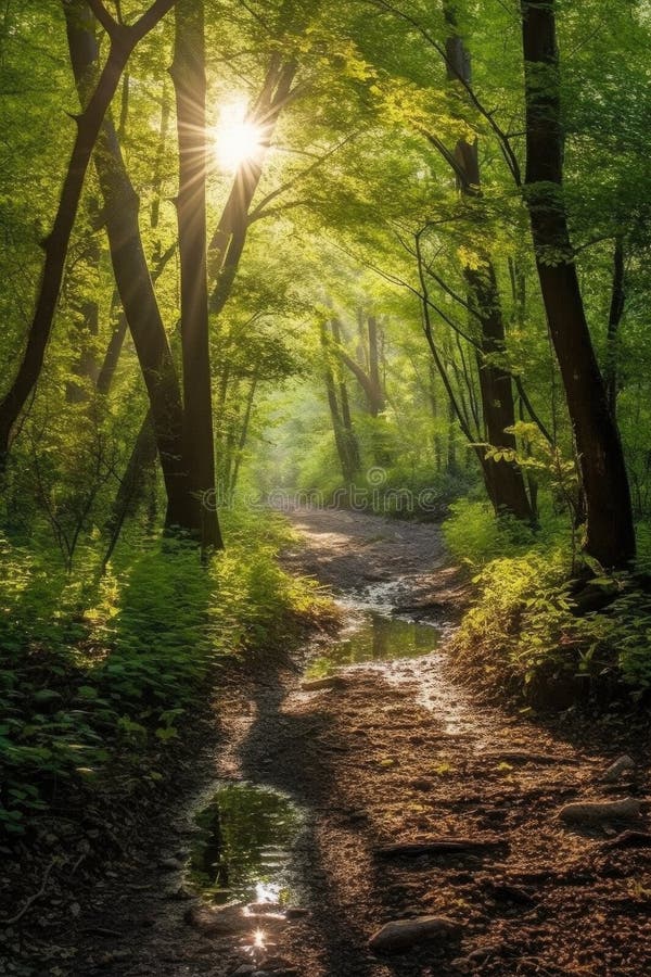 Sunlight Streaming through Trees on a Forest Path Stock Illustration ...