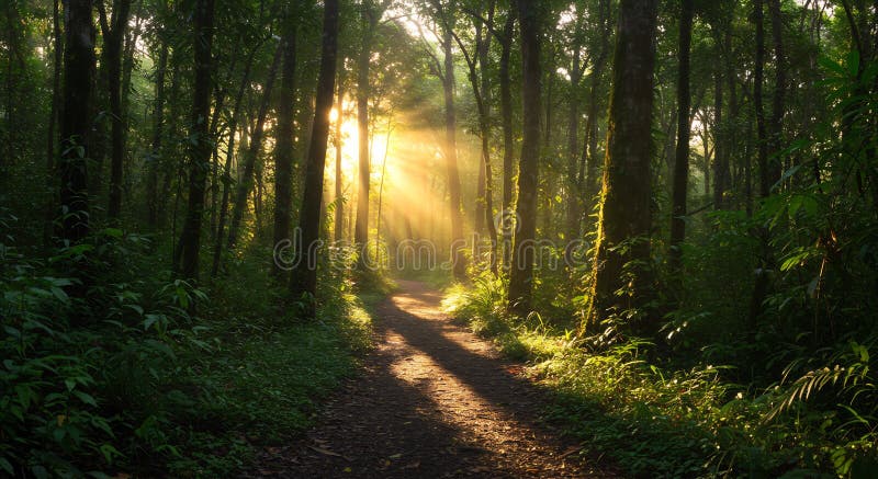 Sunlight Streaming through Trees on Forest Path Stock Illustration ...