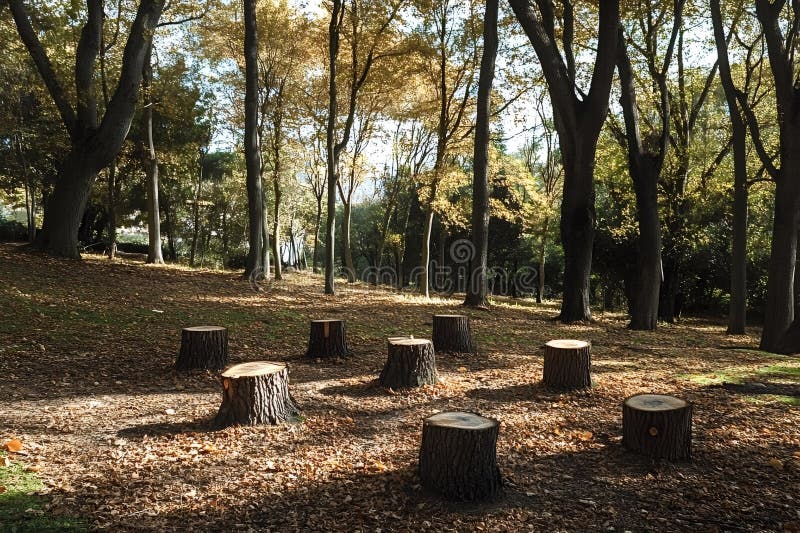 Tree Stumps Forming a Circle in a Forest Clearing during Autumn Stock ...