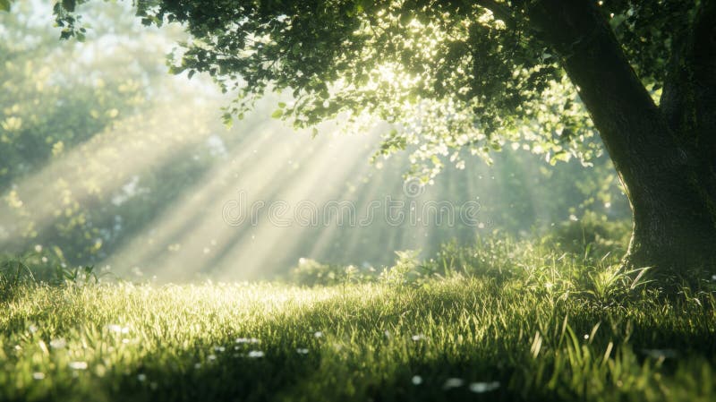 Sunlight Streaming through Trees Illuminating Green Grass Meadow in a ...