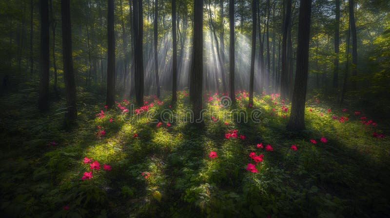 Sunlight Streaming through Trees Illuminating Red Flowers in a Dense ...